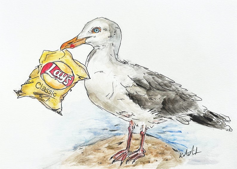 Seagull With Chips Watercolor Painting - Etsy