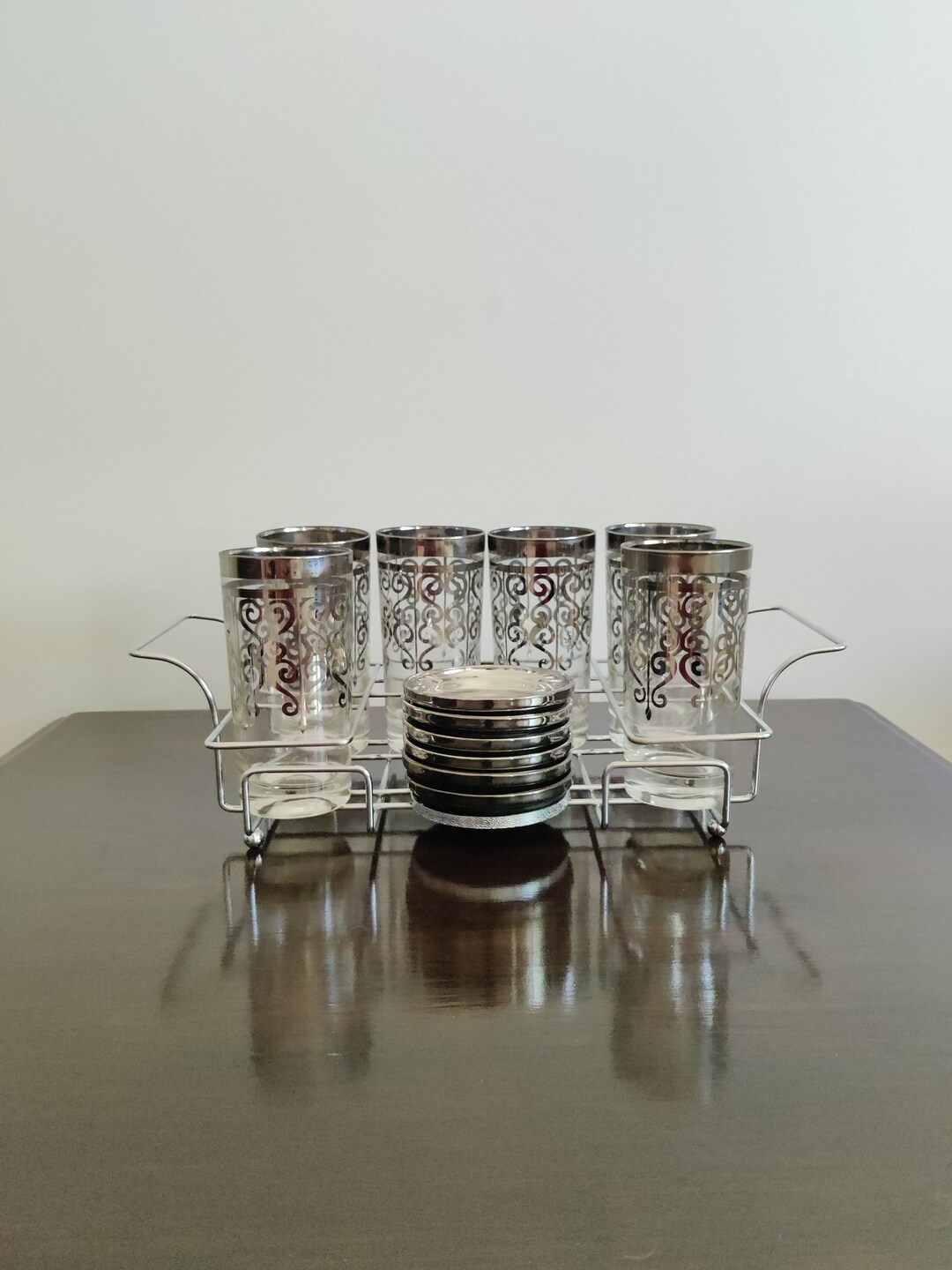 MCM Silver Drinkware Set / Vintage Bar Glass Set / Silver Tumblers ...