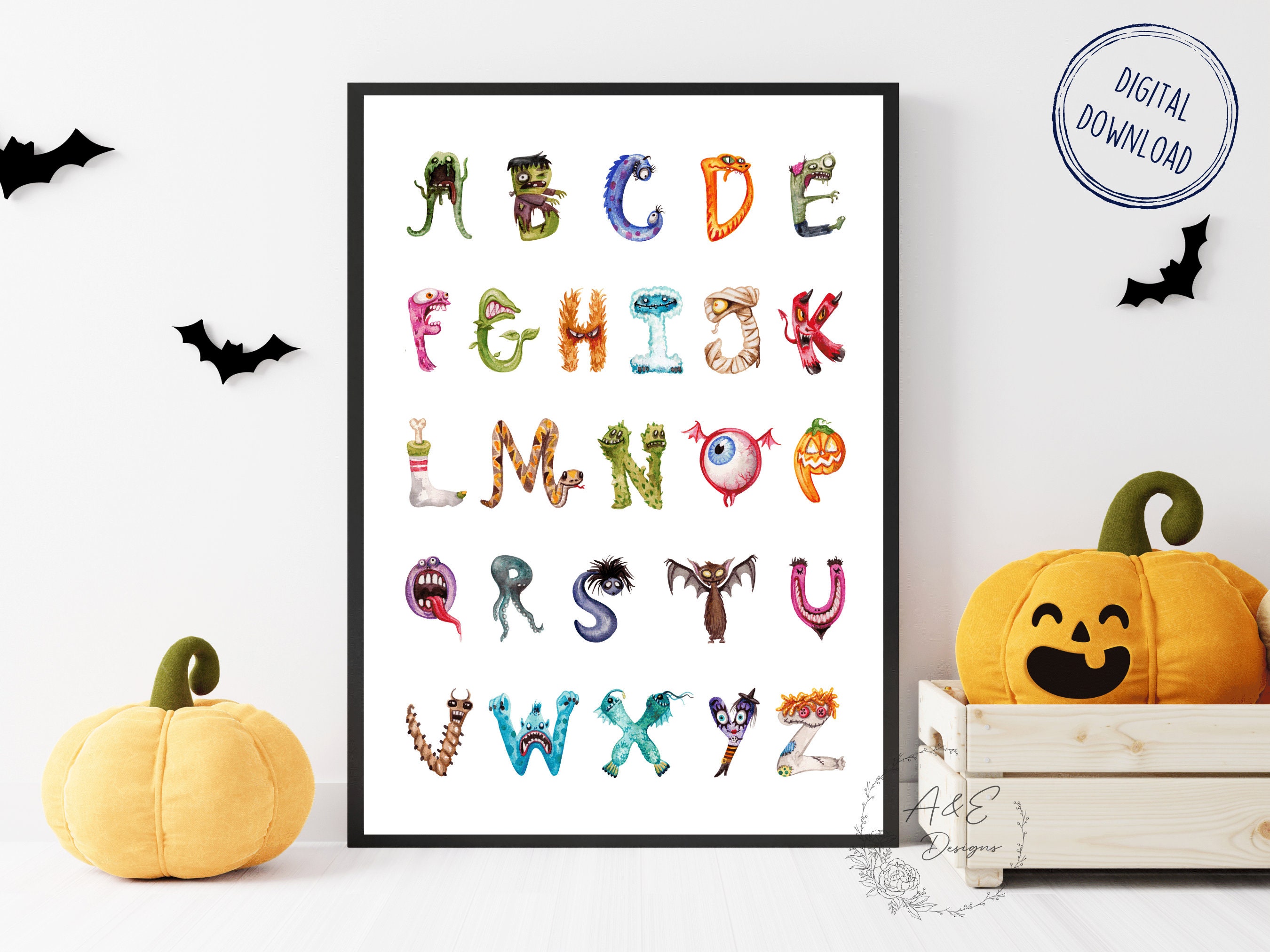 Printable Monster Alphabet Poster - Halloween Playroom Art - Multiple ...
