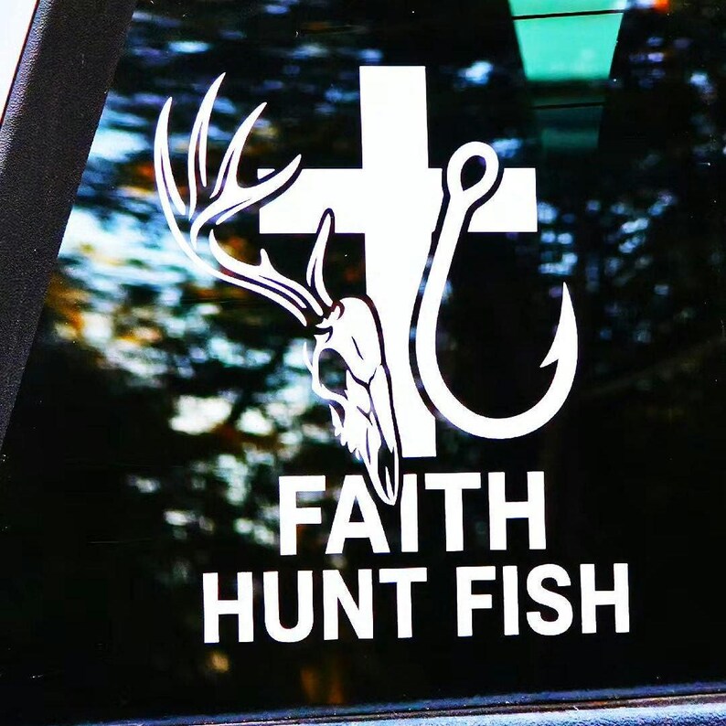 Faith Hunt Fish Vinyl Decal Deer Skull Cross With Antlers and Fish Hook ...