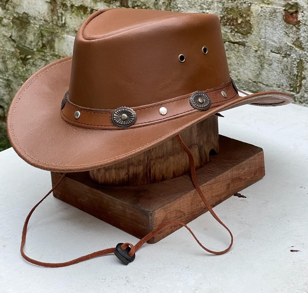 Australian Western Style Tan Bush Hat Leather Cowboy With Leather Band ...