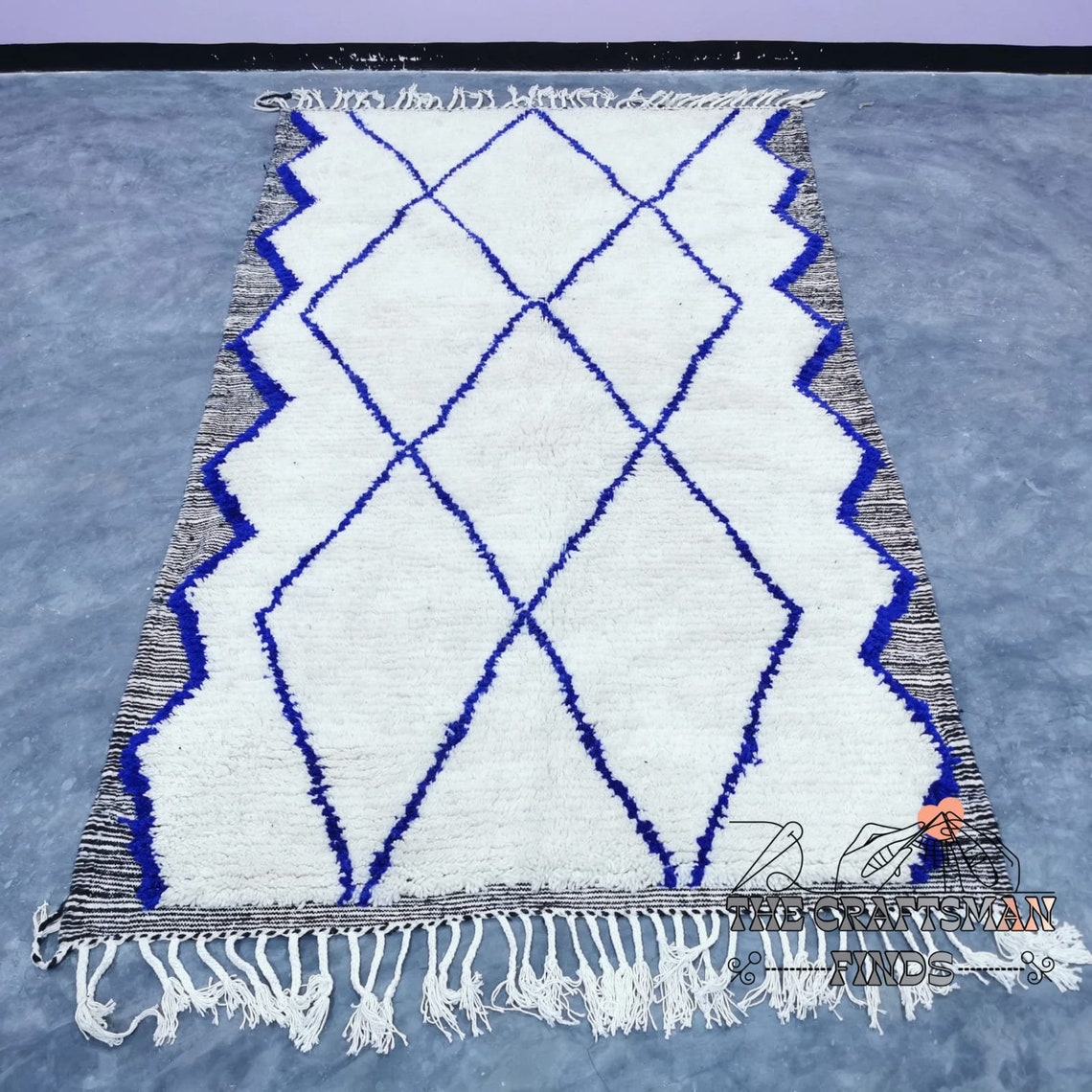 Custom Moroccan Beni Ourain Rug: Handwoven Wool, Blue Geometric Design ...