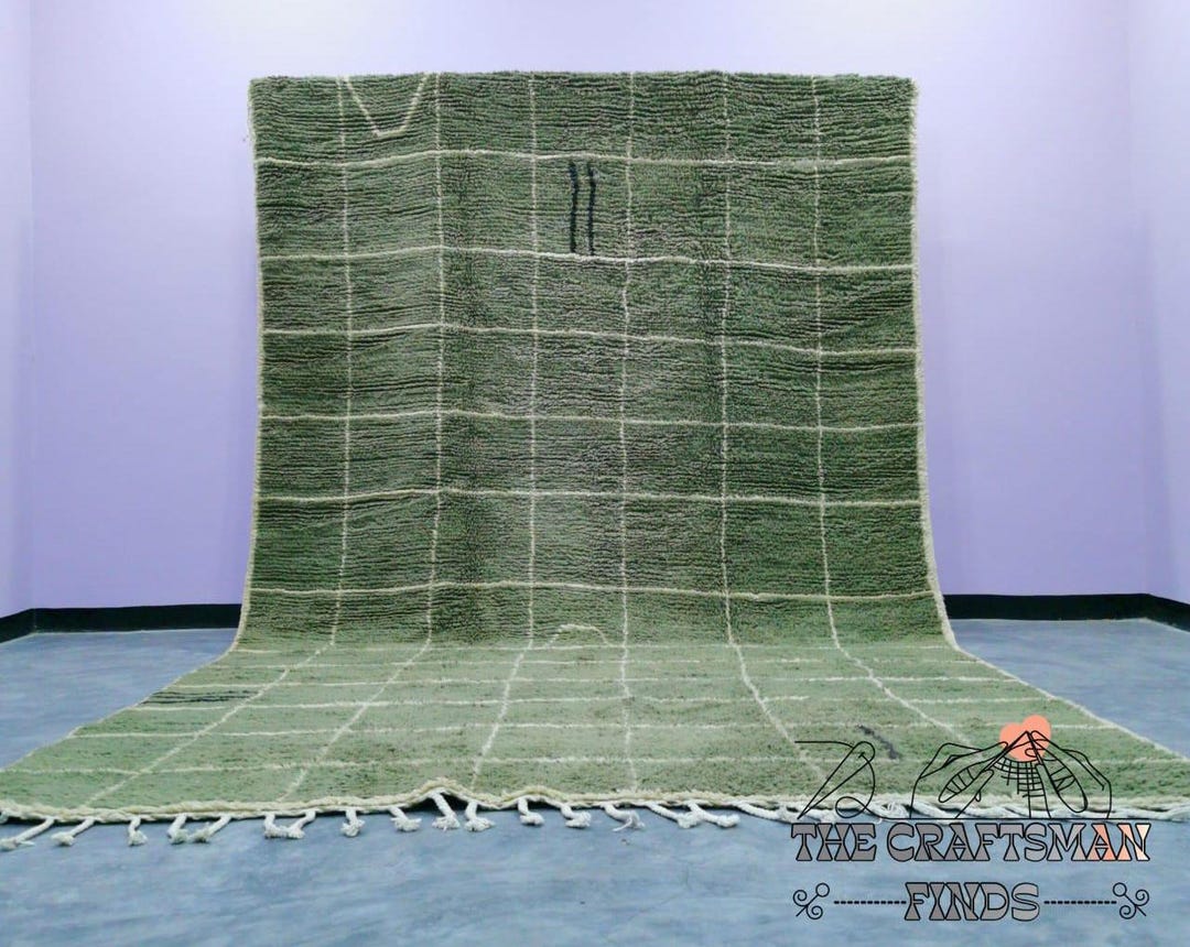 Handmade Olive Green Moroccan Rug, Grid Pattern Berber Rug, Wool Beni ...