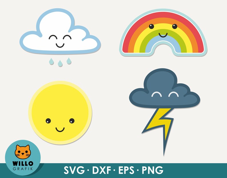 Cute Weather SVG Sun Rainbow Printable Rain Cloud Print Layered Digital ...