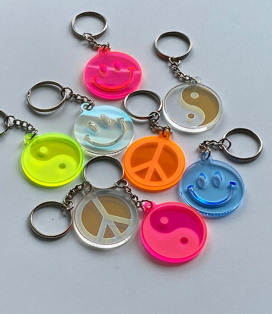 Happy Face Keychain, Smiley Face Keychain, Peace Sign Keychain, Yin ...
