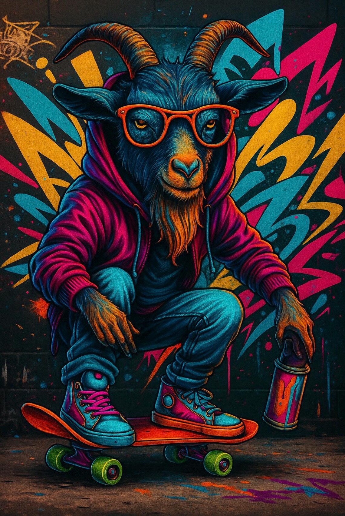 Graffiti Skater Goat – Cyberpunk Animal Street Art Print | Neon ...
