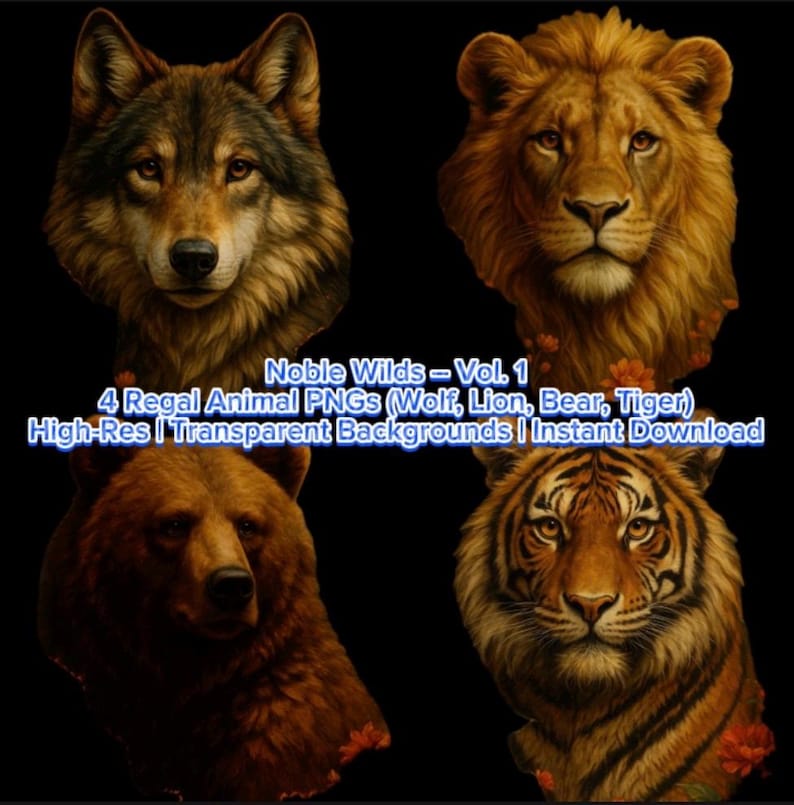 Noble Wilds – Vol. 1 | 4 Regal PNG Animal Portraits (wolf, Lion, Bear ...