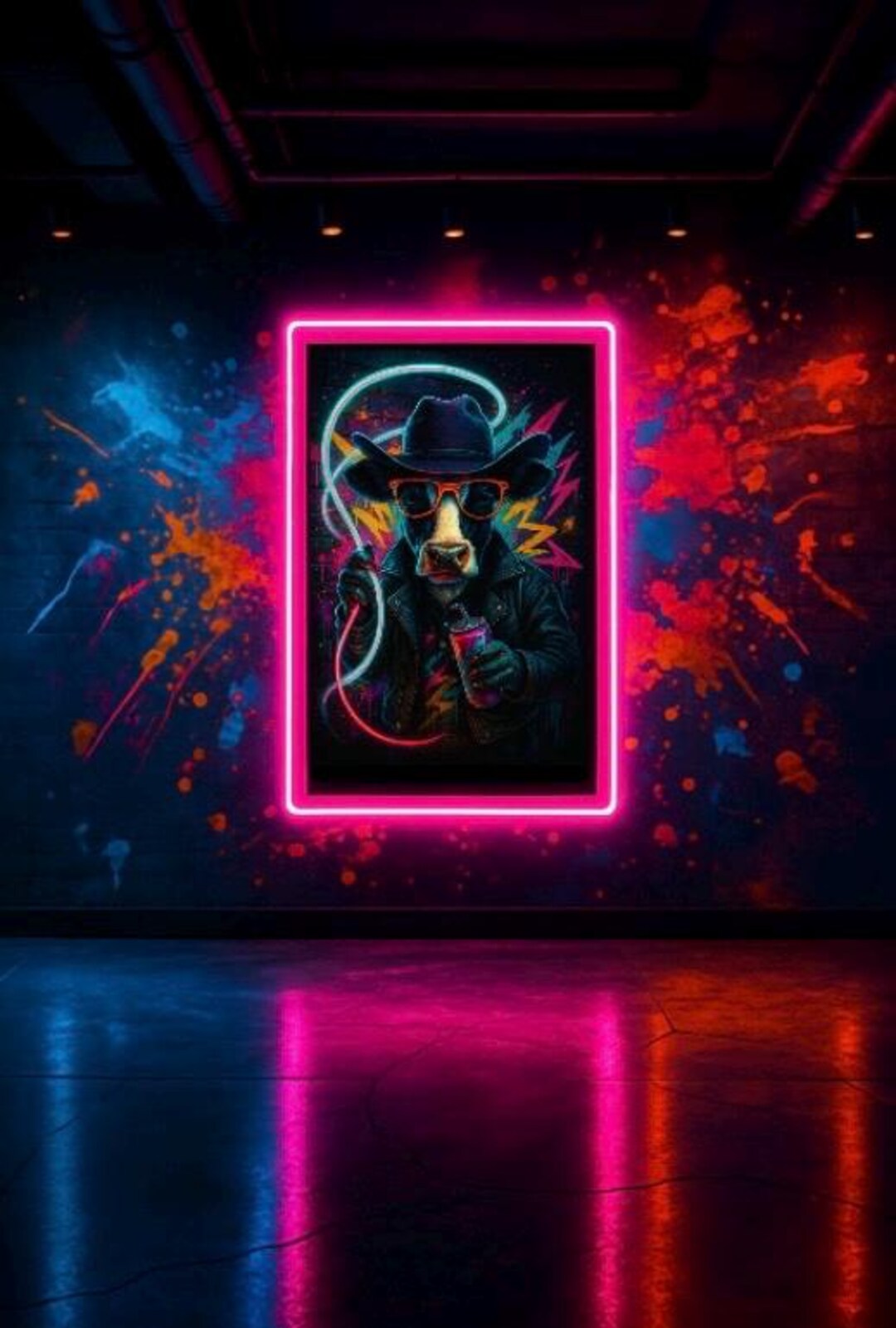 Graffiti Cowboy Cow – Neon Cyberpunk Animal Wall Art | Western Street ...