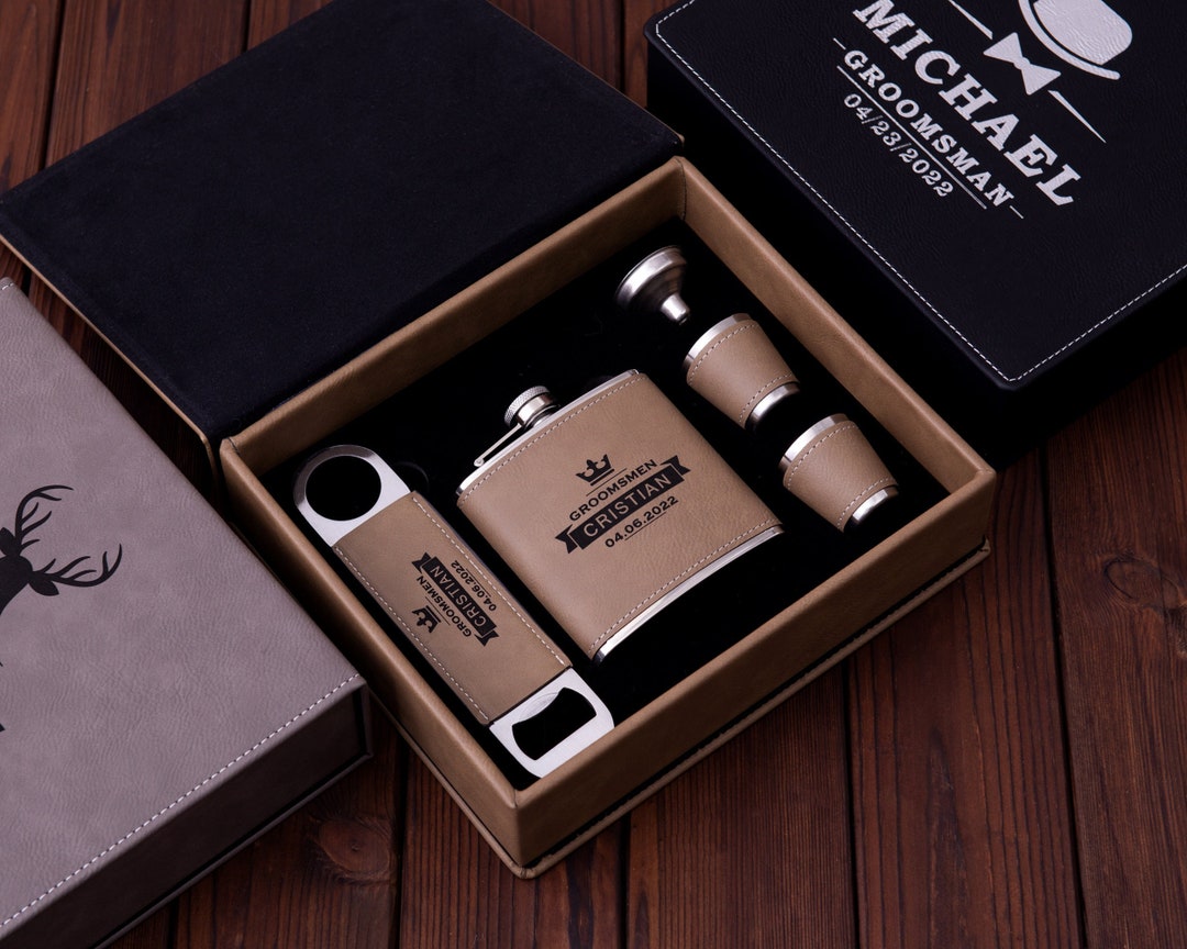 Personalized Flask Gift Set, Bottle Opener and Flask With Leather Gift ...