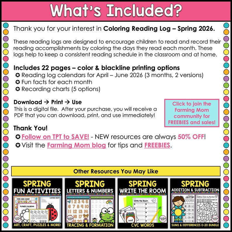 Reading Log for Kids Spring Coloring Pages 2026 Printable Calendar ...