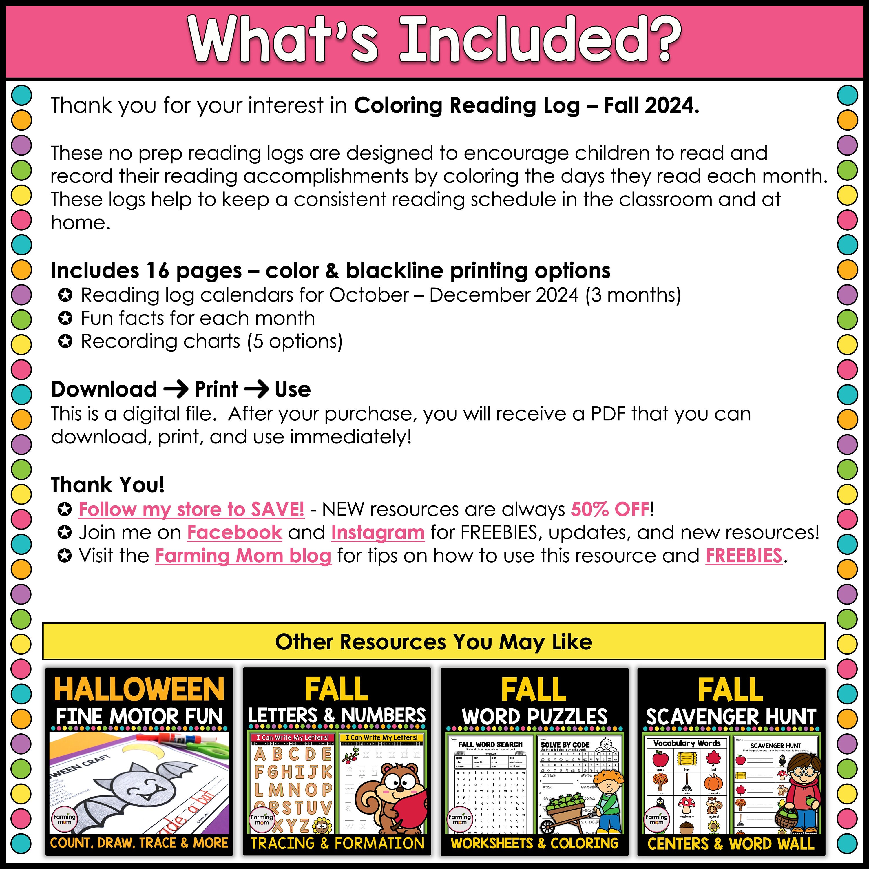 Monthly Reading Log for Kids Fall Coloring Pages October 2024 Calendar ...