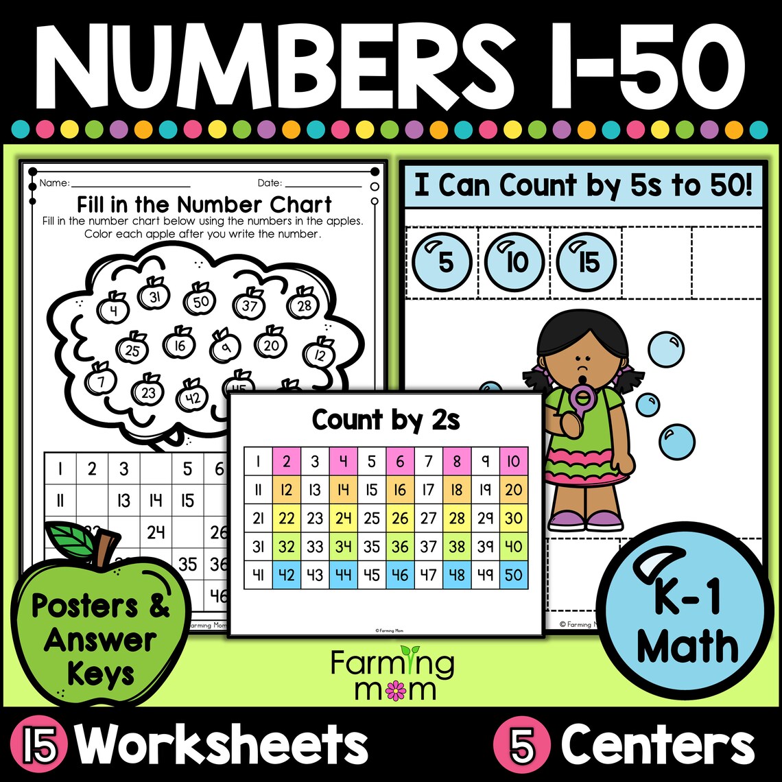 Counting to 50 Kids Worksheets Numbers 1-50 Math Centers Printable ...