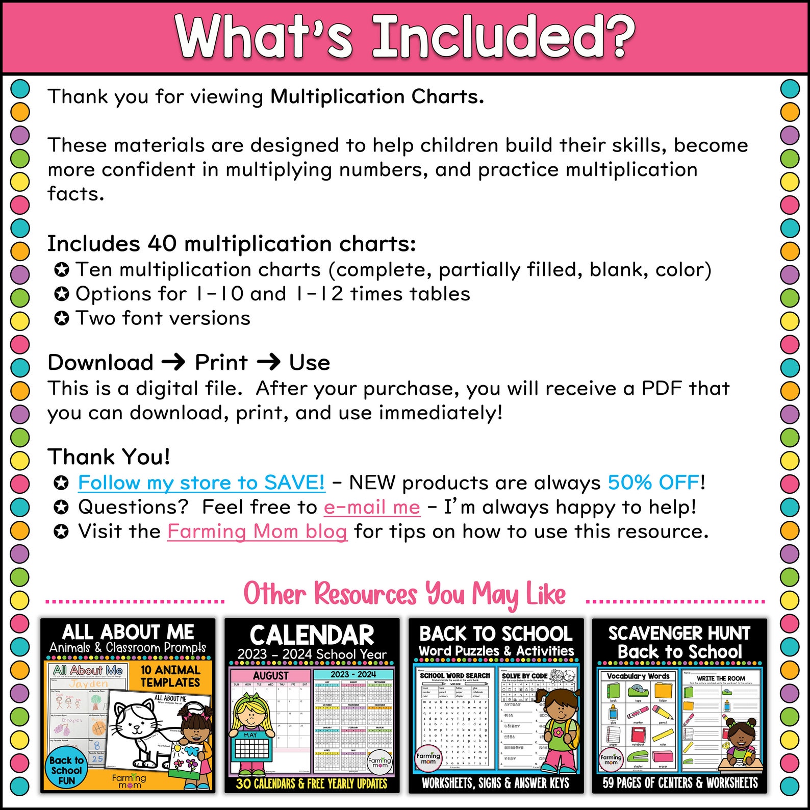 Multiplication Table Poster Times Tables Multiplication Chart for Kids ...