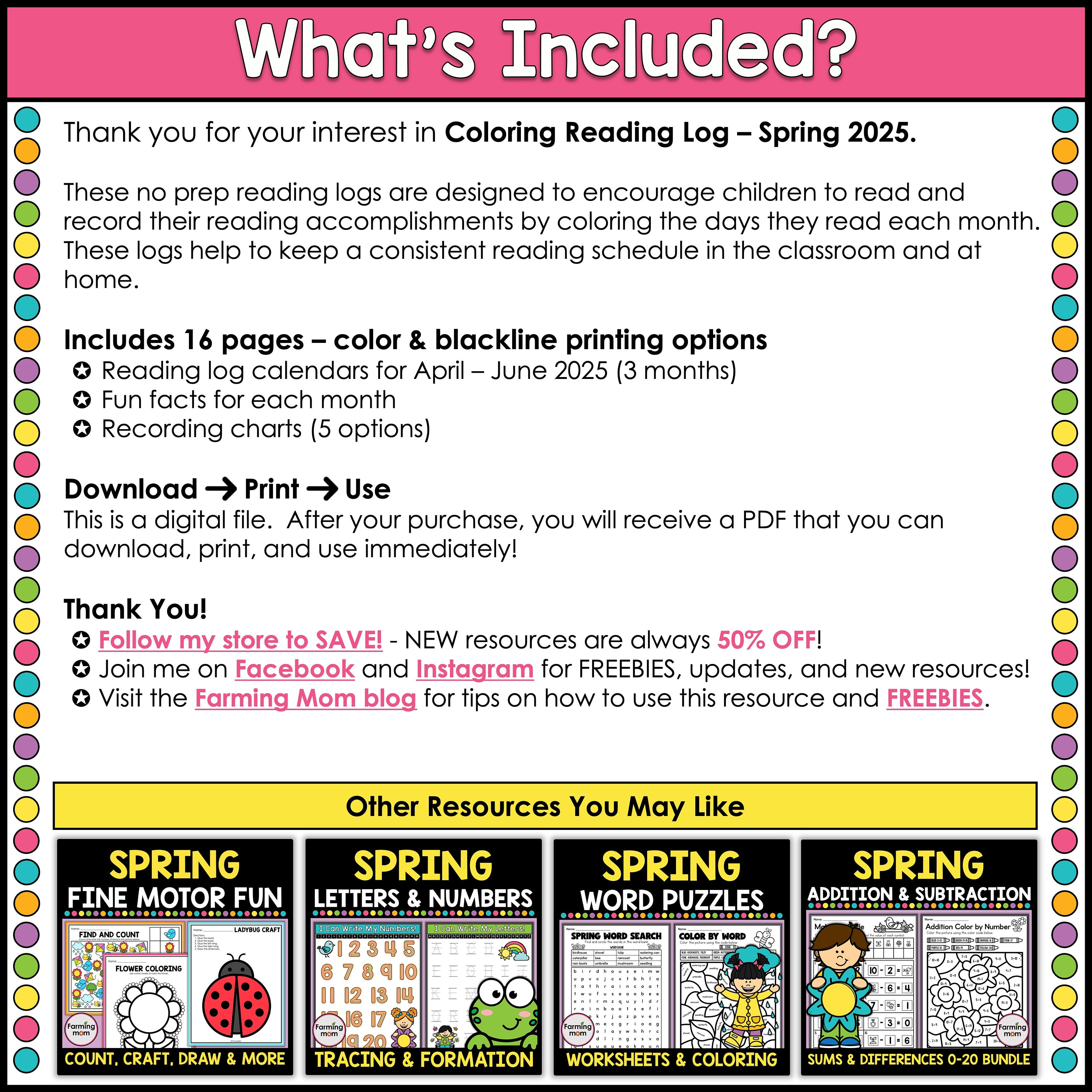 Reading Log for Kids Spring Coloring Pages 2025 Printable Calendar ...