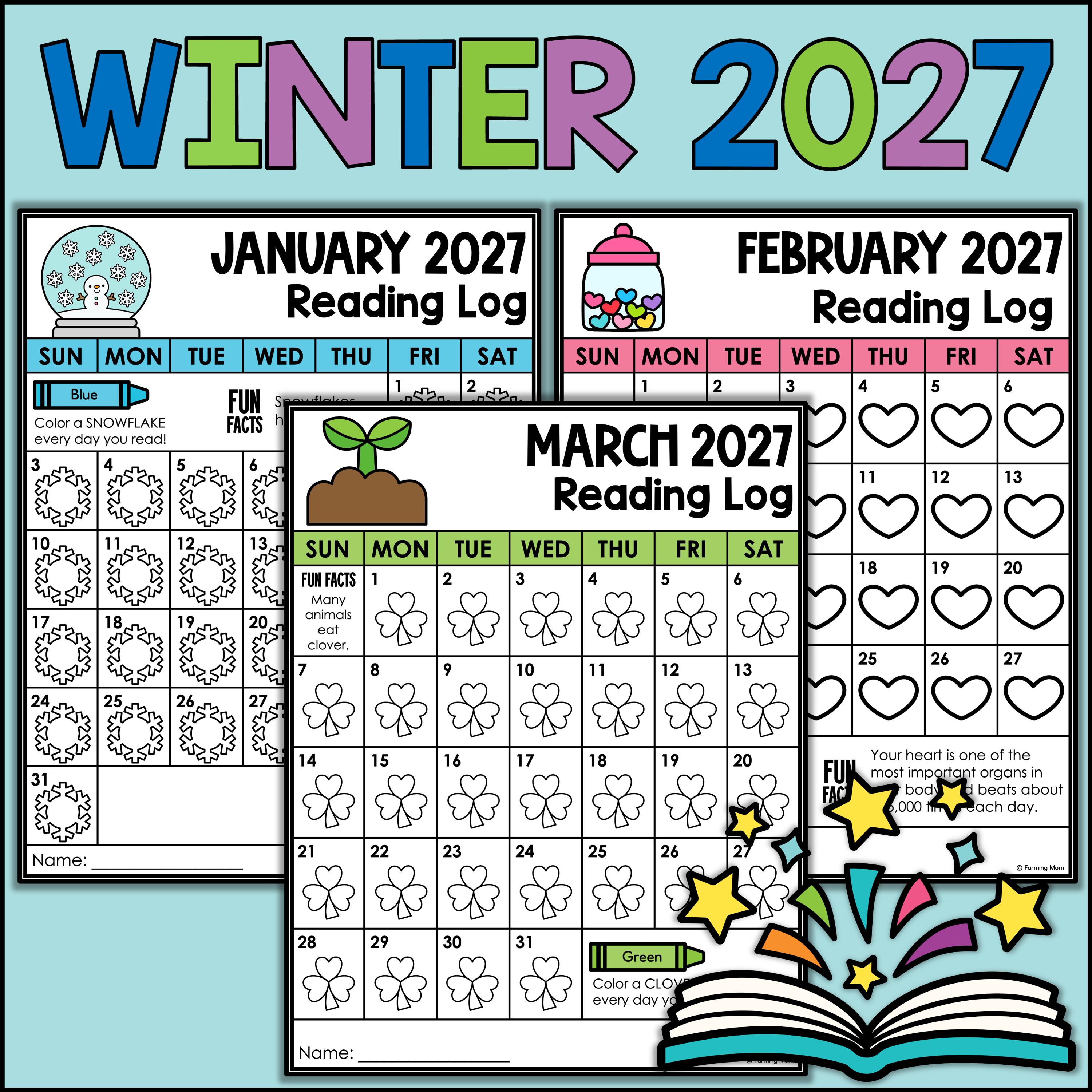Monthly Reading Log for Kids Winter Coloring Pages January February ...