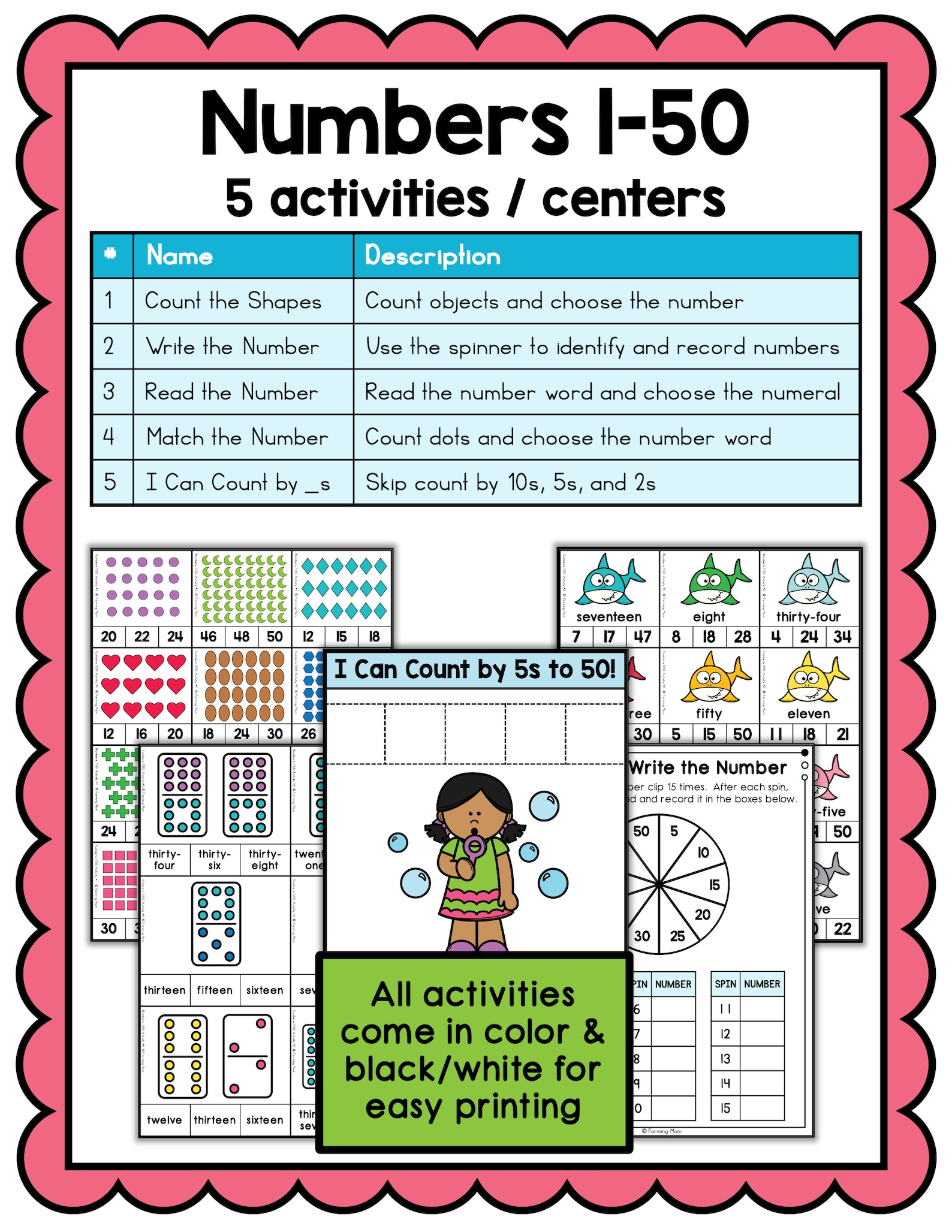 Counting to 50 Kids Worksheets Numbers 1-50 Math Centers Printable ...