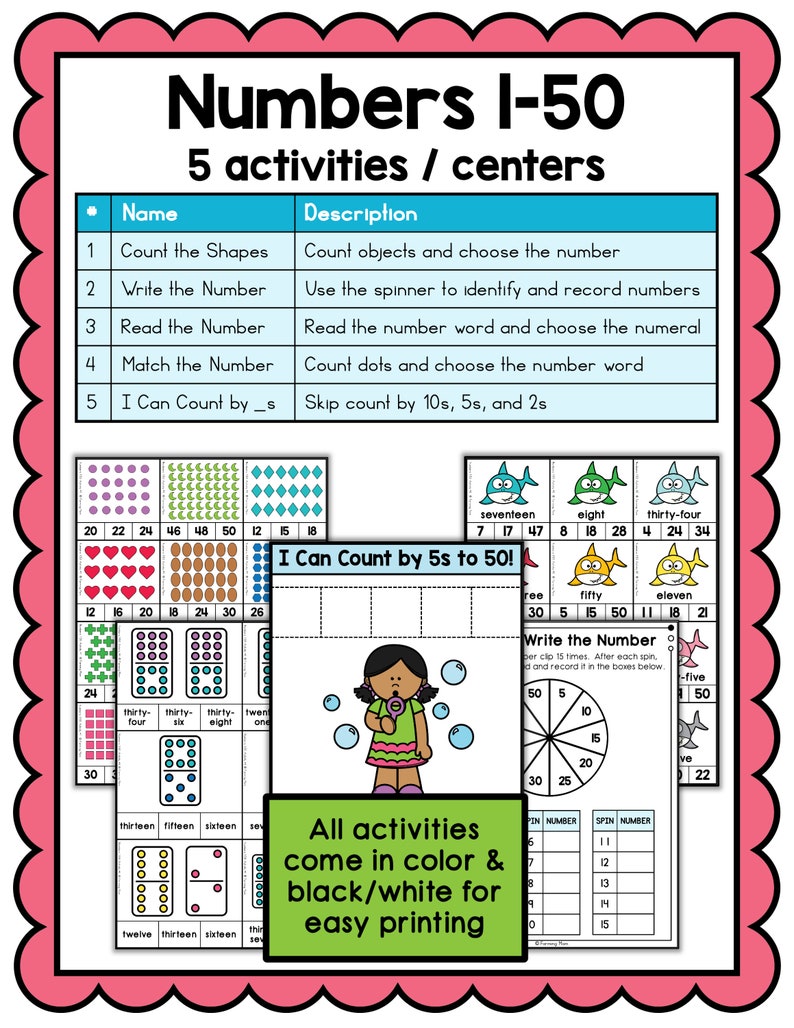 Counting to 50 Kids Worksheets Numbers 1-50 Math Centers Printable ...