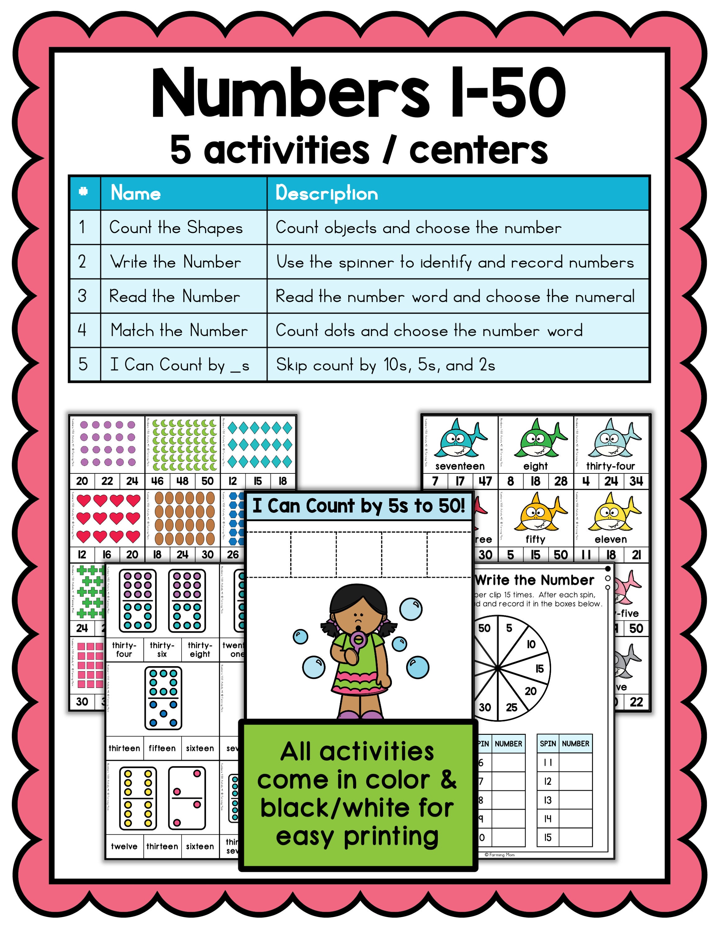 Counting to 50 Kids Worksheets Numbers 1-50 Math Centers Printable ...