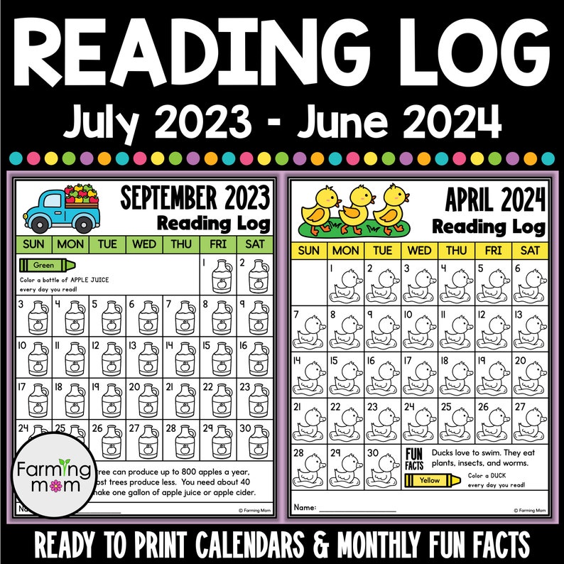 Reading Log for Kids Reading Chart Coloring Pages 2023-2024 - Etsy