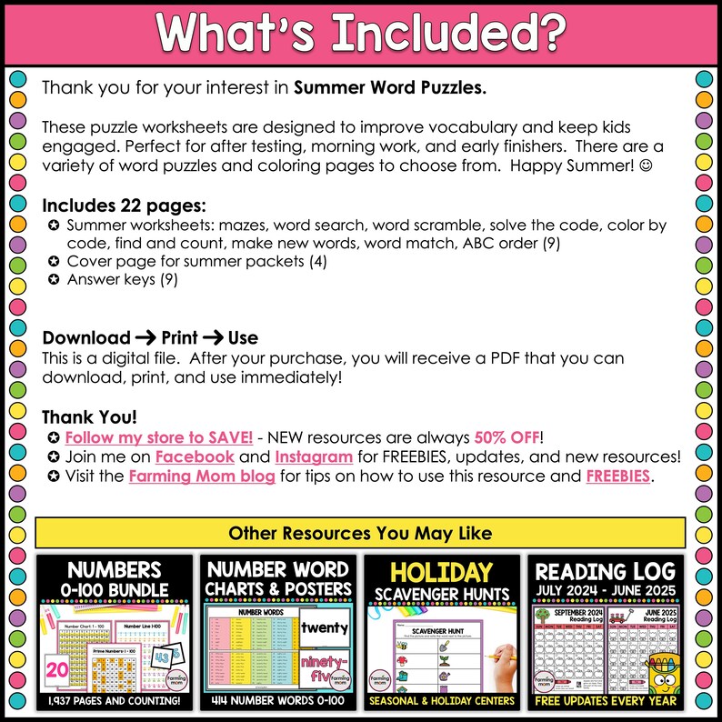 Summer Word Search Printable Puzzle for Kids Worksheets - Etsy