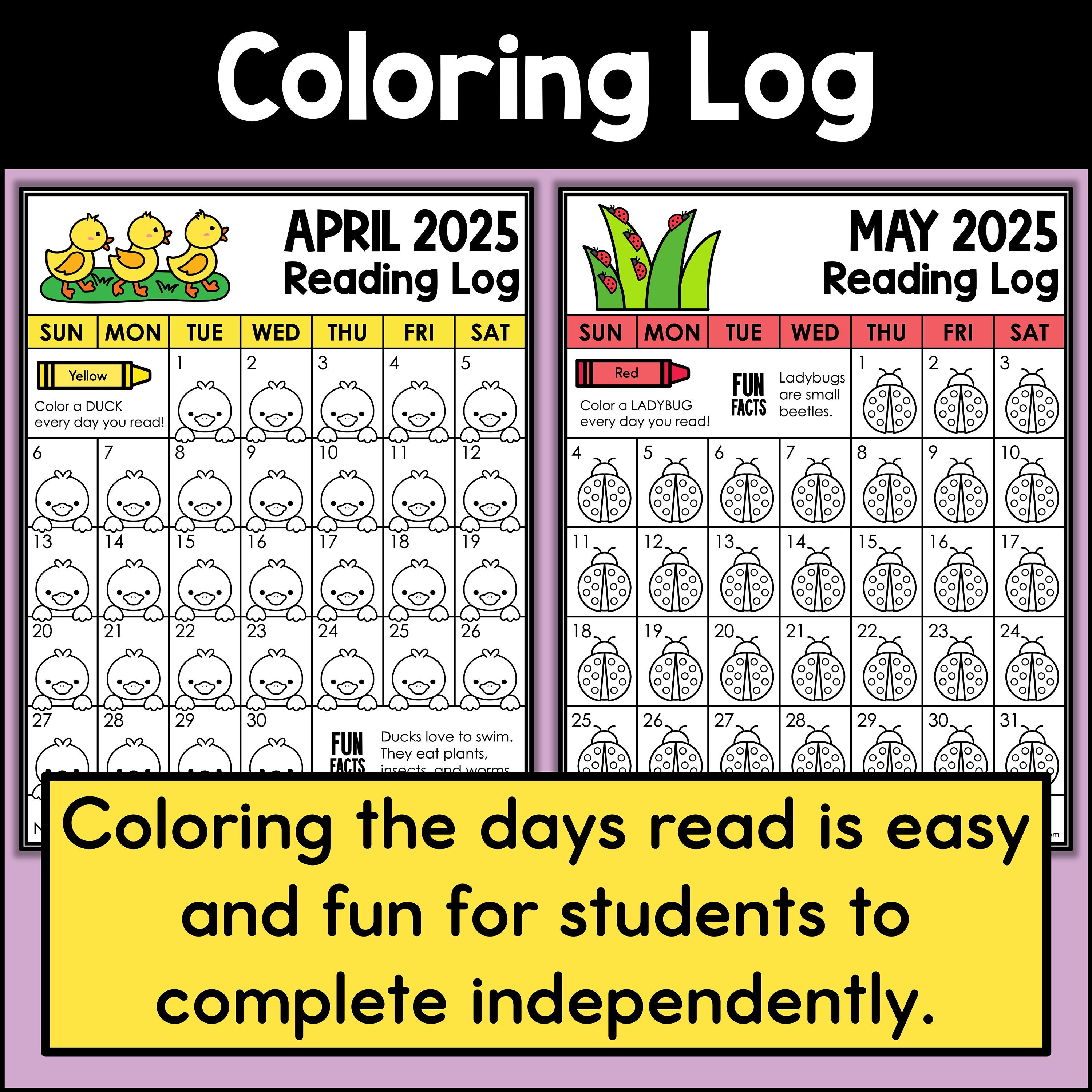 Reading Log for Kids Spring Coloring Pages 2025 Printable Calendar ...