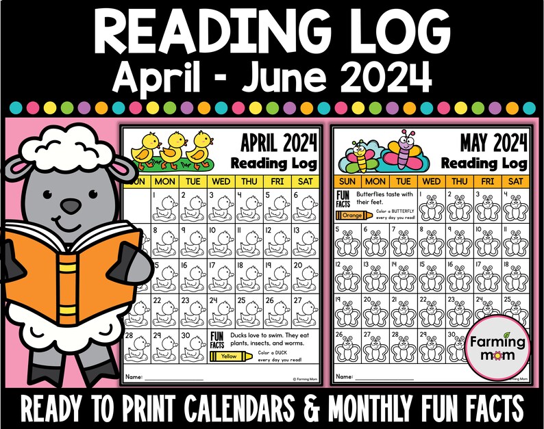 Reading Log for Kids Spring Coloring Pages 2024 Printable Calendar ...