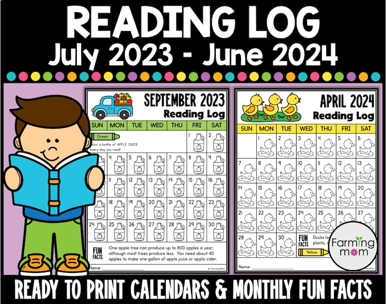 Reading Log for Kids Reading Chart Coloring Pages 2023-2024 - Etsy