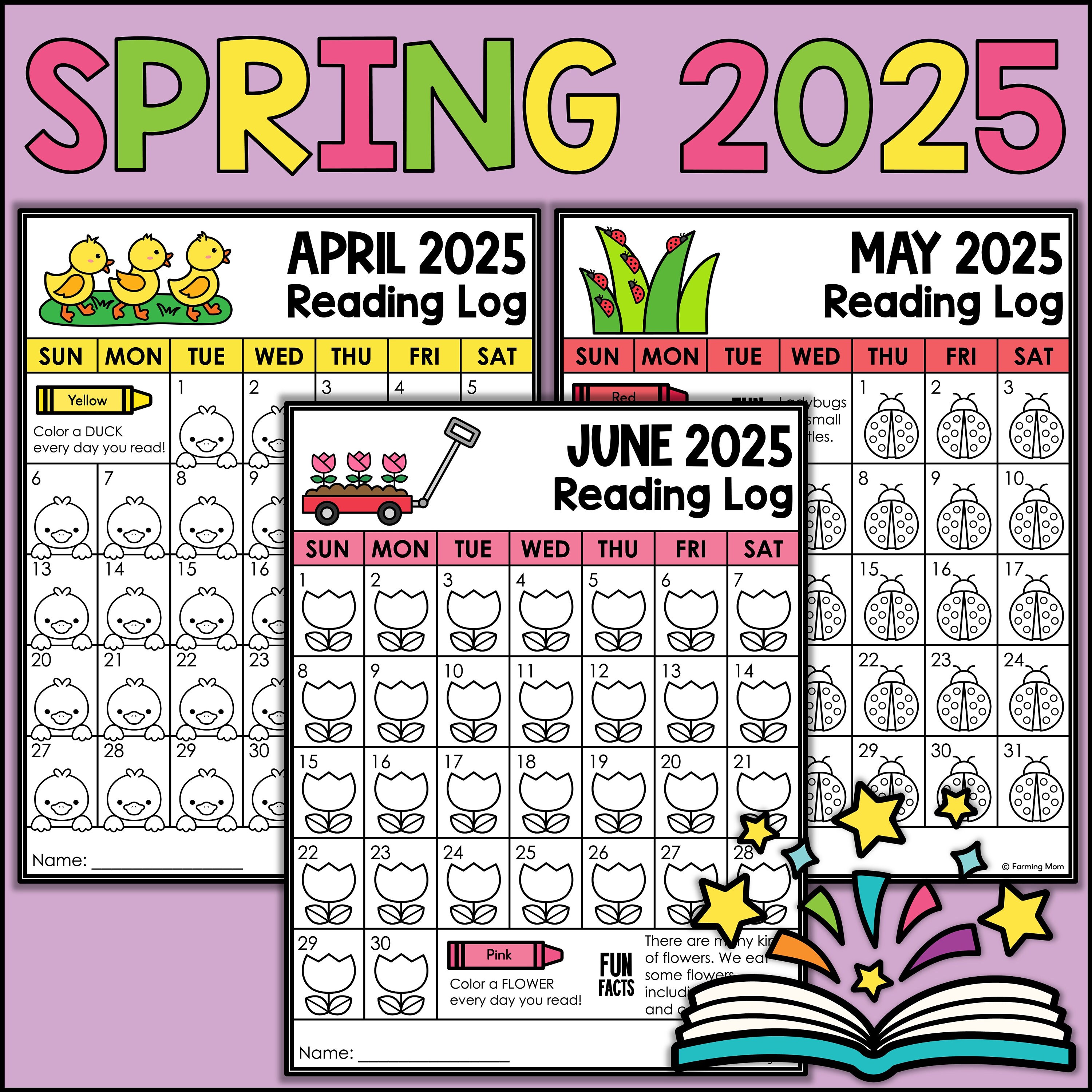 Reading Log for Kids Spring Coloring Pages 2025 Printable Calendar ...