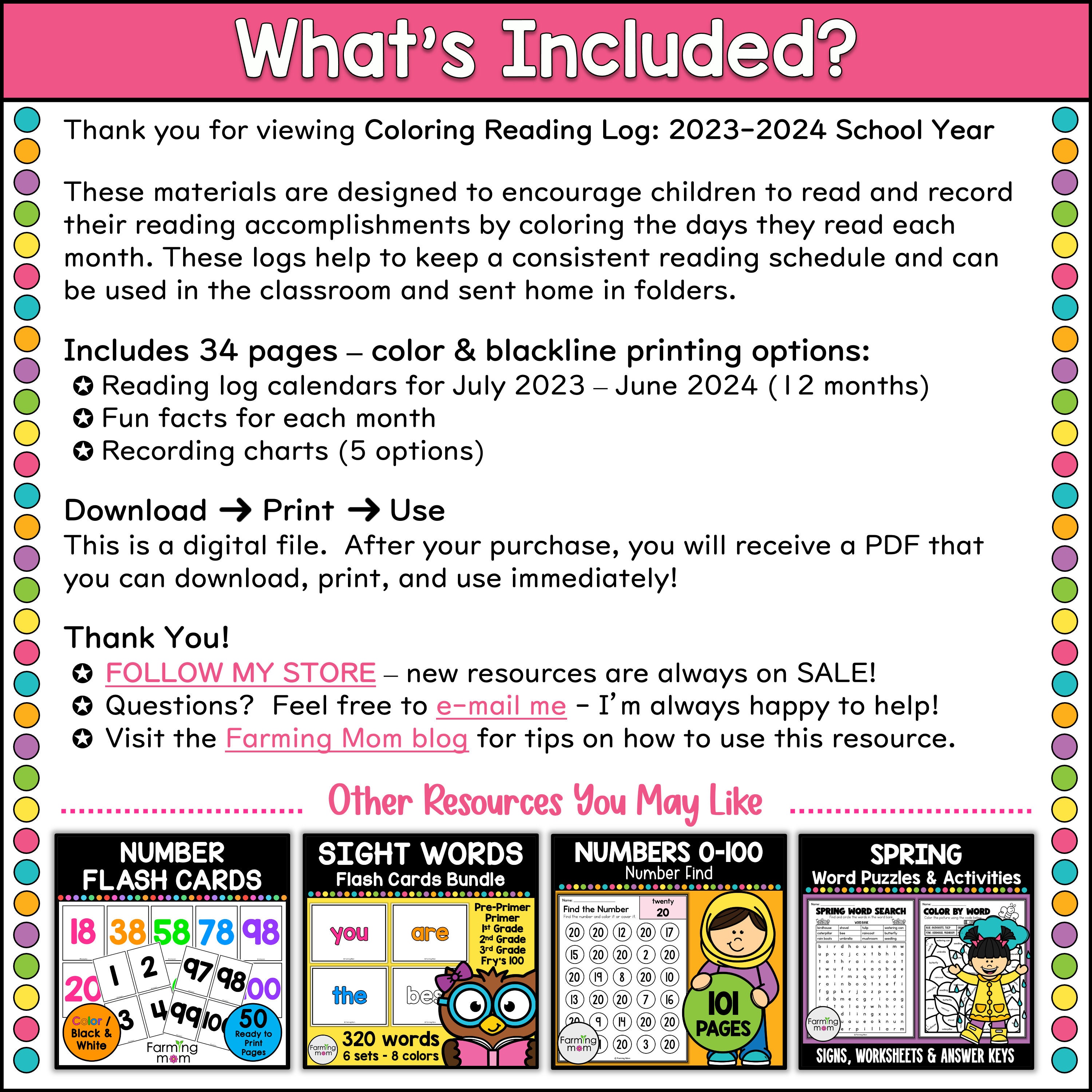 Reading Log for Kids Reading Chart Coloring Pages 2023-2024 - Etsy