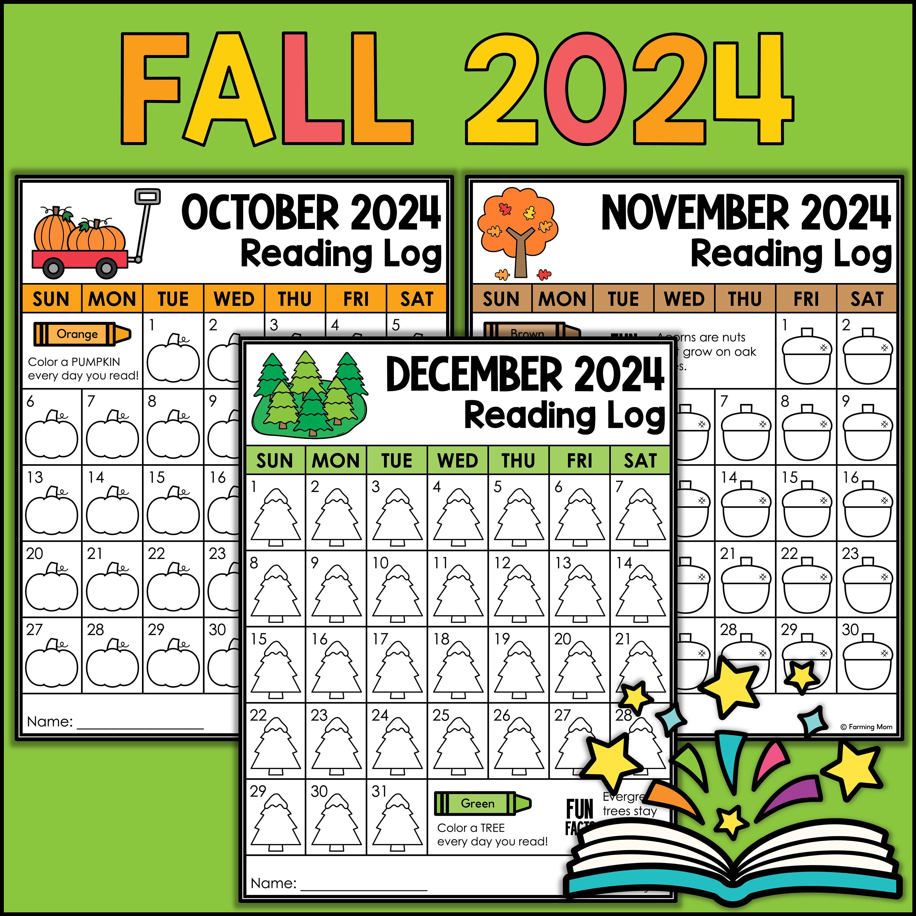 Monthly Reading Log for Kids Fall Coloring Pages October 2024 Calendar ...