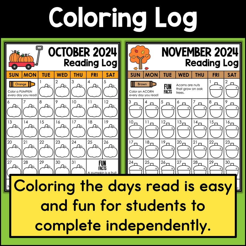 Monthly Reading Log for Kids Fall Coloring Pages October 2024 Calendar ...