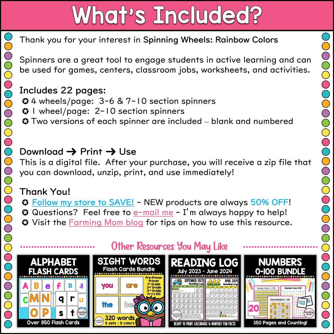 Spinner Template Rainbow Primary Colors for Math and Reading Activities ...