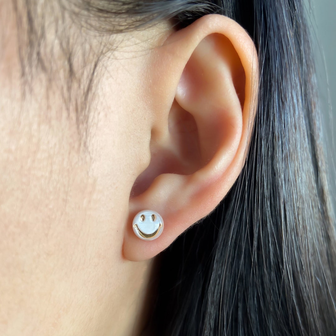 Smiley Face Stud Earrings, 925 Sterling Silver Dainty Small Minimal Tiny Stud Earrings Cartilage ...
