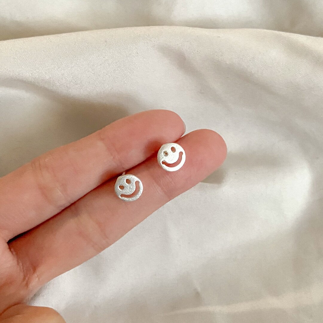 Smiley Face Stud 925 Sterling Silver Earrings, Minimal Tiny Stud Earrings, Small Studs ...