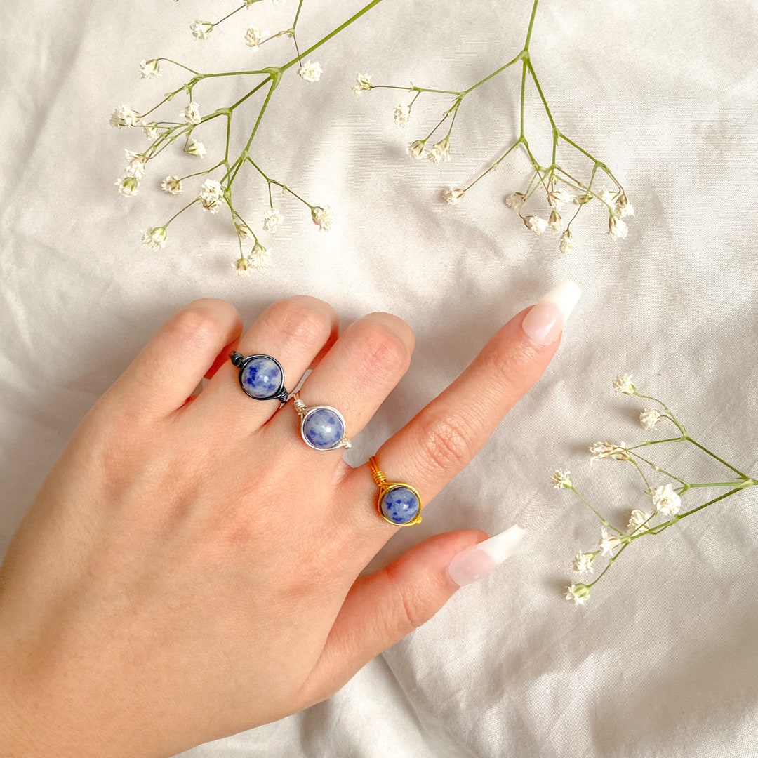 Natural Sodalite Wire Wrapped Rings, Gold Silver and Black Wire ...