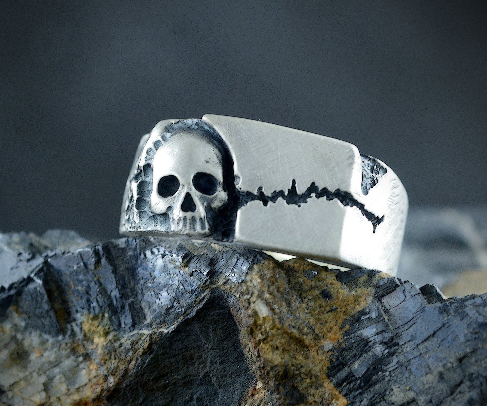 Rock Ring With Skull in Solid Sterling Silver and Oxidised Textures - Etsy
