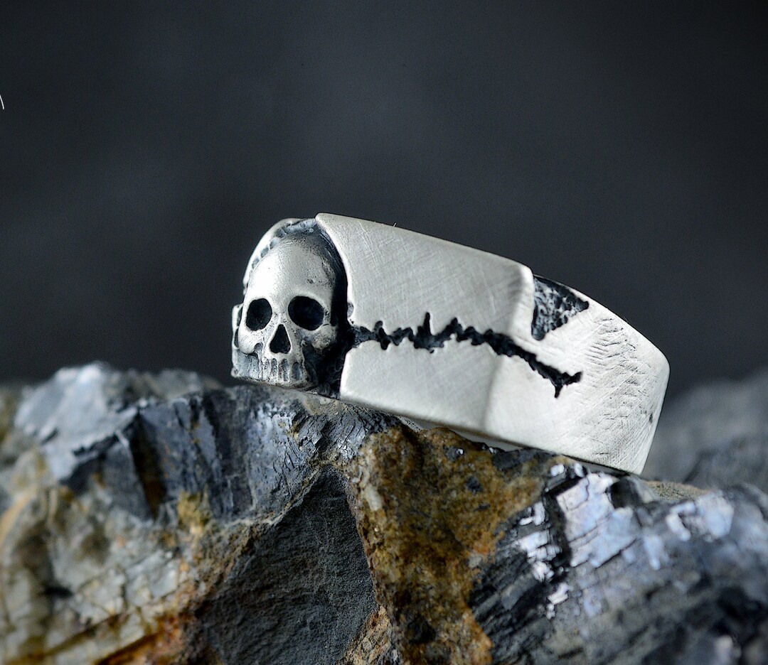 Rock Ring With Skull in Solid Sterling Silver and Oxidised Textures - Etsy