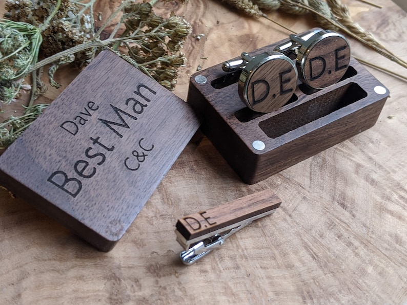 Personalised Cufflinks and Tie Clip Set With Wooden Box Wedding Gift ...