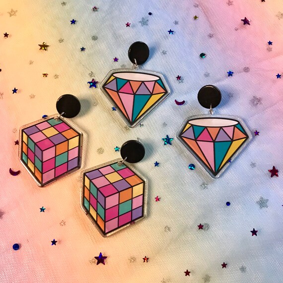 Colourful Rainbow Rubiks Cube and Diamond Earrings Quirky - Etsy