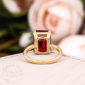 Emerald Cut Lab Created Ruby Solitaire Ring Yellow Gold Minimalist Ring ...