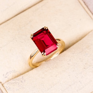 Emerald Cut Lab Created Ruby Solitaire Ring Yellow Gold Minimalist Ring ...