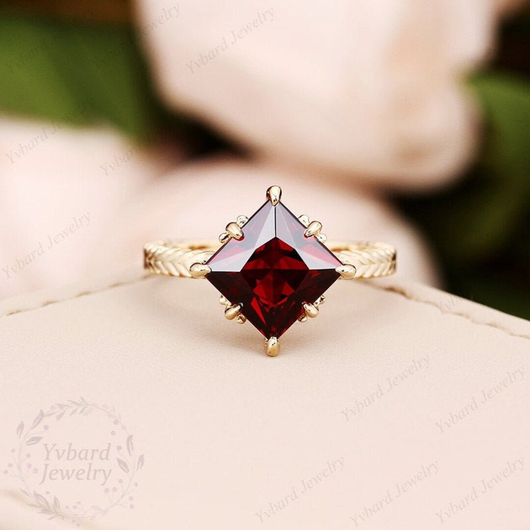 Vintage Square Cut 8*8mm Natural Garnet Ring, Solid 14K Yellow Gold ...