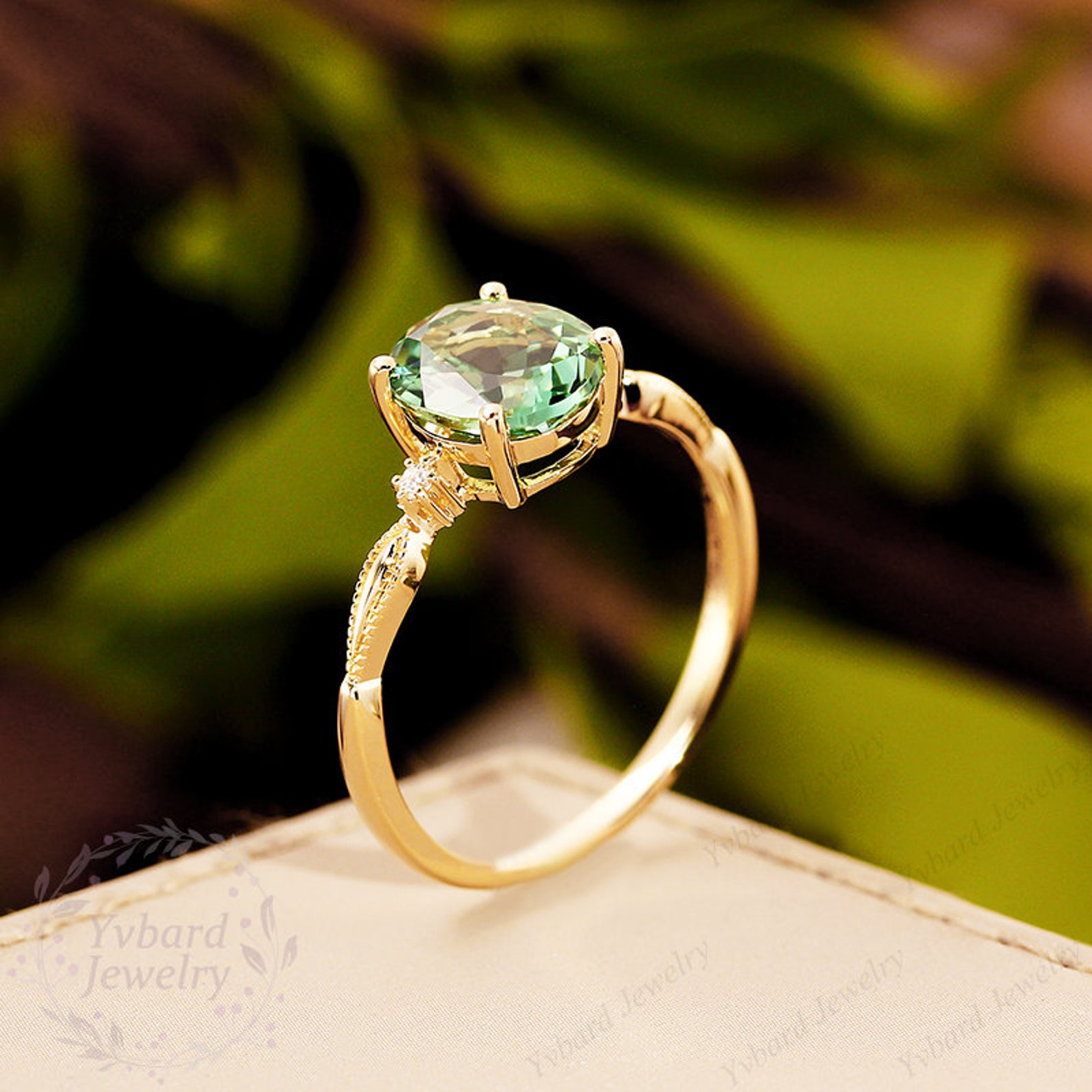 Natural Tourmaline Ring, Oval Cut Green Tourmaline Ring, 14K Yellow ...