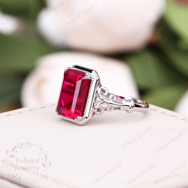 Vintage Red Ruby Engagement Ring Emerald Cut Solitaire Ring - Etsy