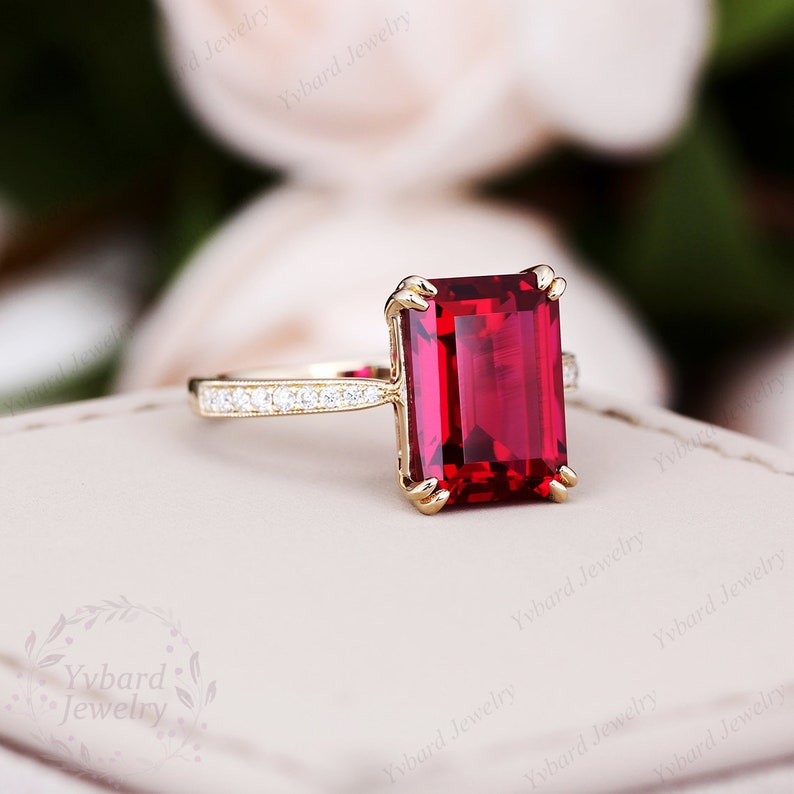 811mm Emerald Cut Lab Created Ruby Ring Solid Yellow Gold - Etsy