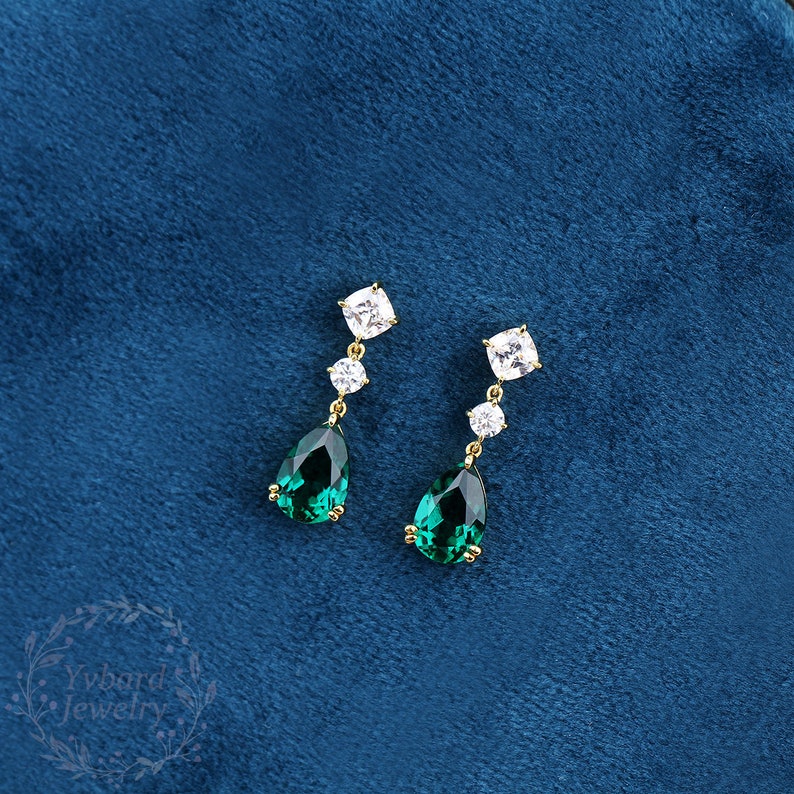 Solid 14K/18K Gold Drop Earrings, Teardrop Green Emerald Earrings ...
