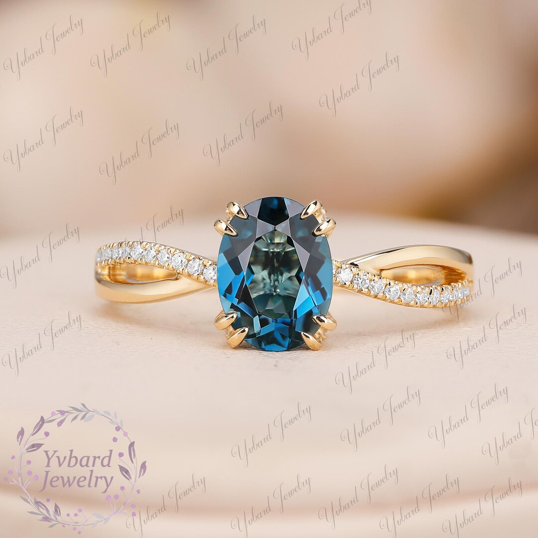Oval Natural London Blue Topaz Ring, 14K Yellow Gold Ring, Twist Ring ...