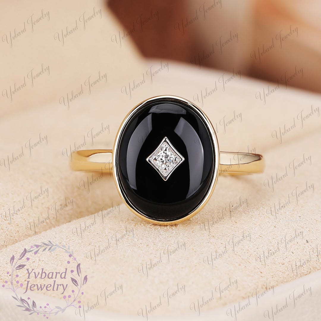 Natural Black Onyx Ring Vintage Real Diamond Solid 18K/14K/10K Two Tone ...