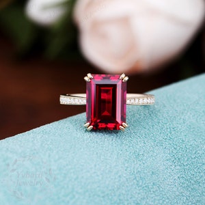8*11mm Emerald Cut Lab Created Ruby Ring Solid 14K/18K Yellow Gold ...