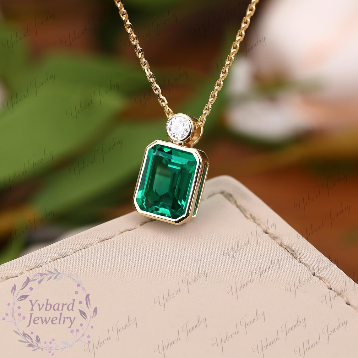 Emerald Cut Emerald Pendant Necklace Solid 14K Yellow Gold Gemstone ...